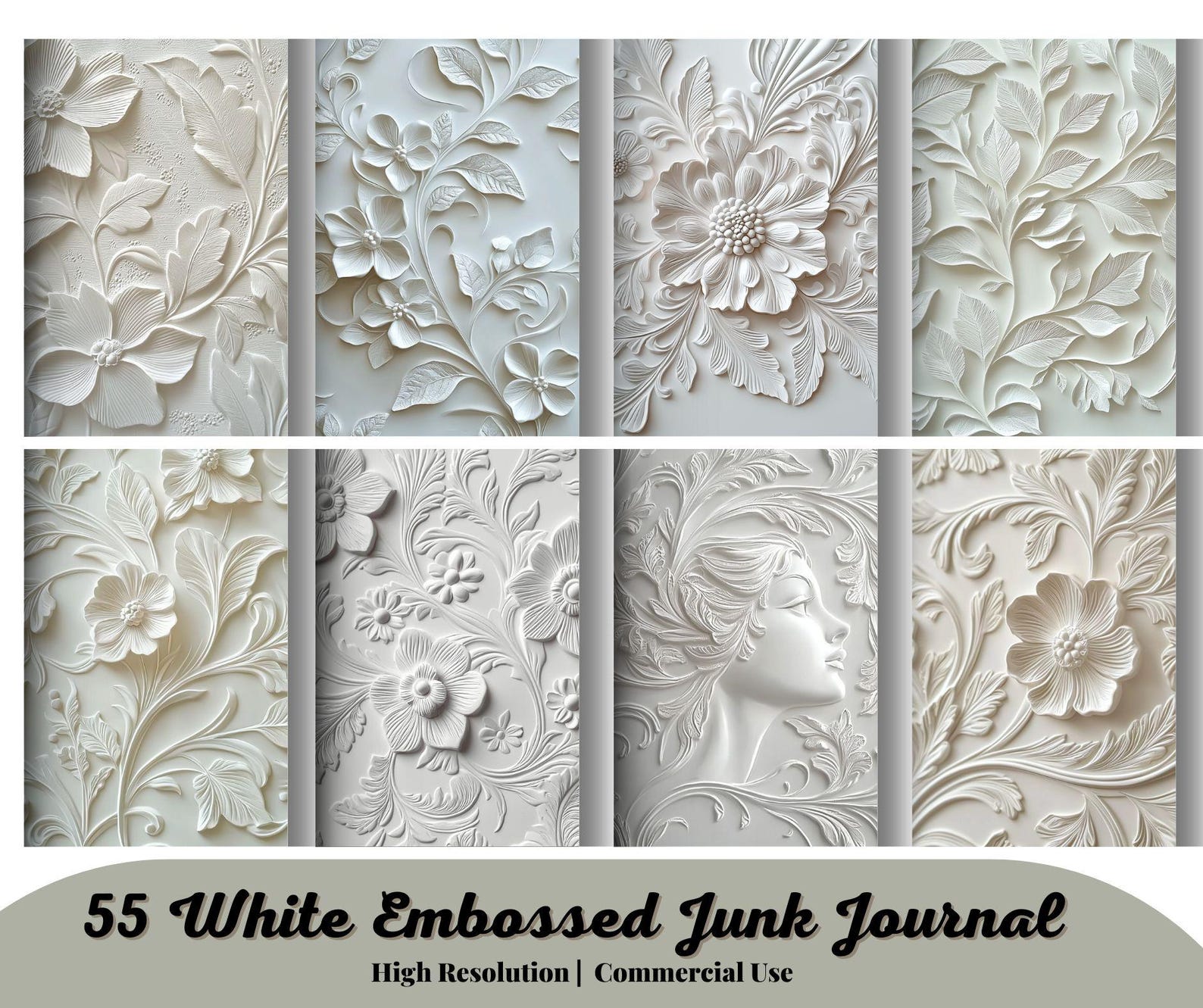 55 WHITE EMBOSSED Junk Journal Backgrounds, Embossed Neutral White ...