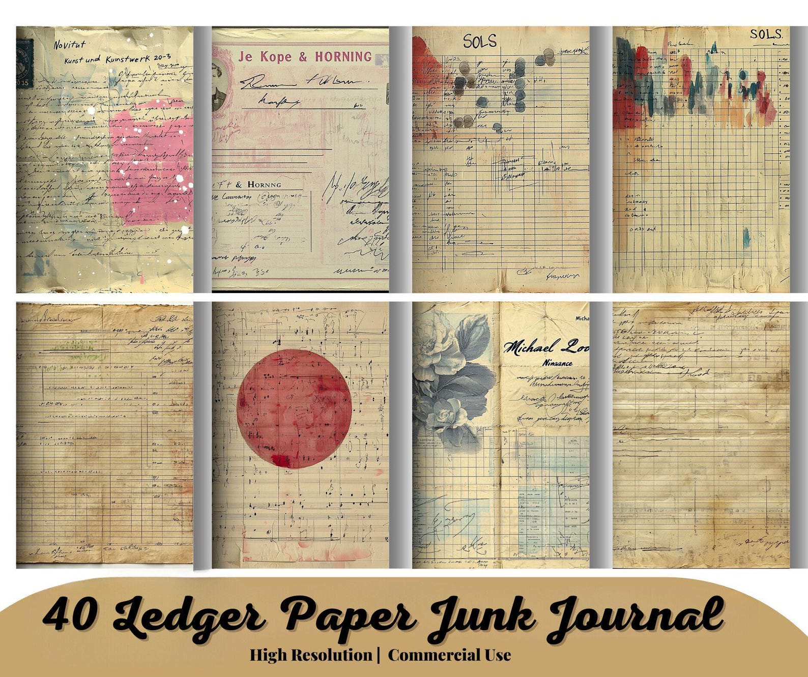 40 Ledger Paper Journal Backgrounds, Digital Printable Paper for Junk ...