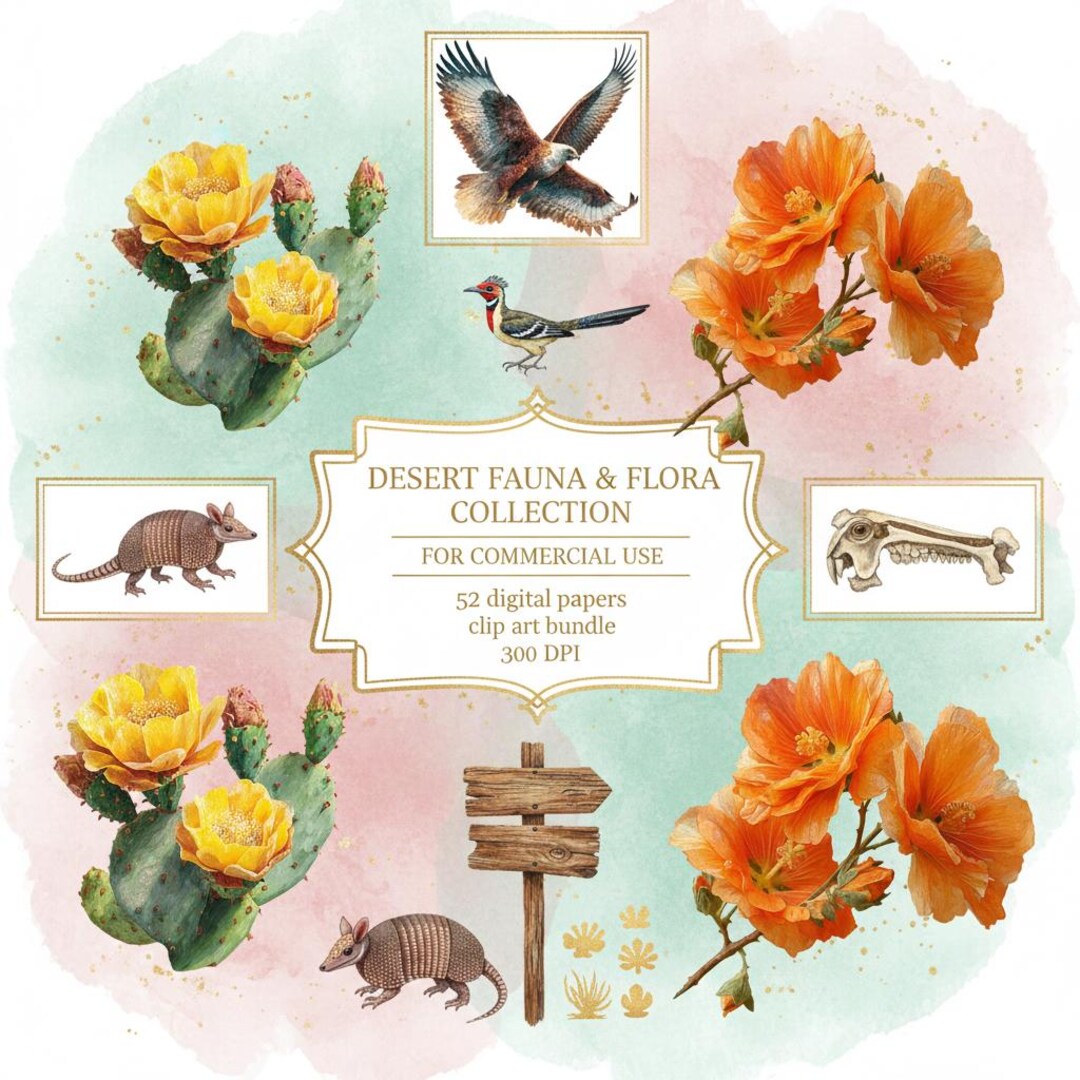 Western Flora & Fauna Clipart Digital Paper | Desert Nature ...