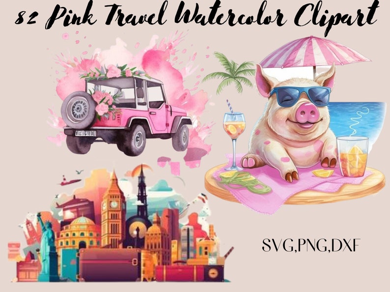 82 Travel Watercolor Clipart Pink Girly Travel Png Suitcase - Etsy