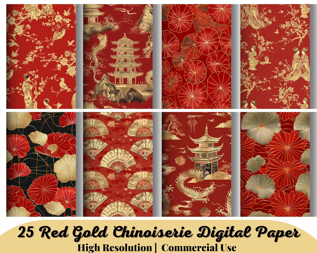 25 Red Gold Chinoiserie Digital Paper, Seamless Pattern, Geisha ...