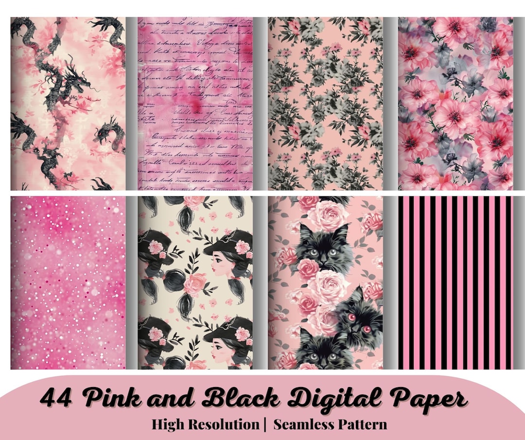 44 Pink and Black Floral Digital Paper, Shabby Black and Pink Seamless ...