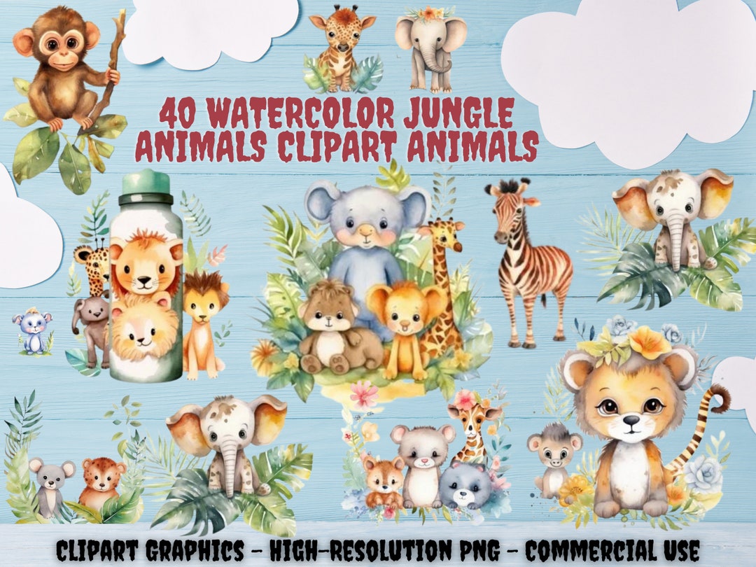 40 Watercolor Jungle Animals Clipart Animals in the Nature, Transparent ...