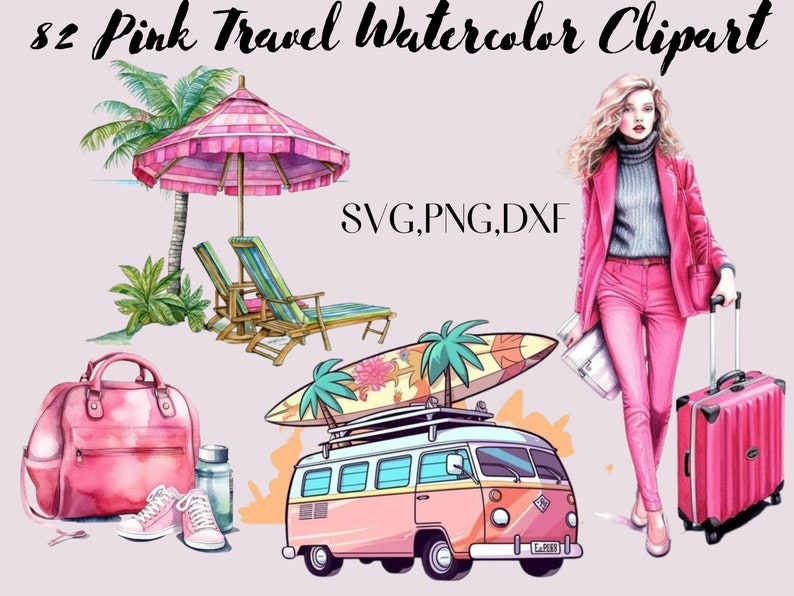 82 Travel Watercolor Clipart Pink Girly Travel Png Suitcase - Etsy