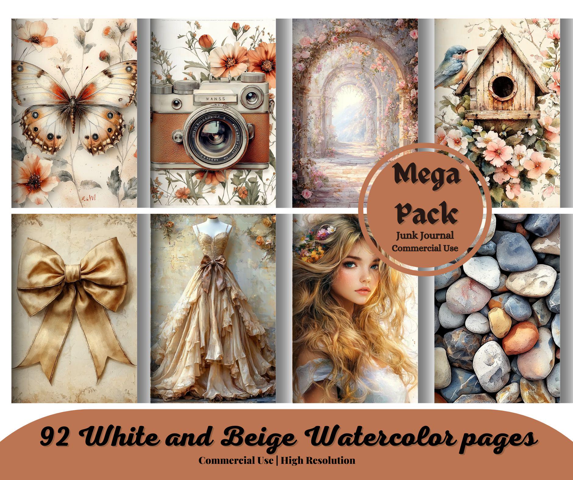 White and Beige Watercolor Pages, Junk Journal, Scrapbook Paper ...