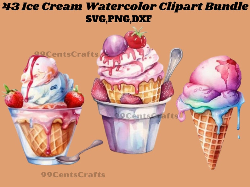 43 Ice Cream Watercolor Clipart Bundle PNG Images of - Etsy