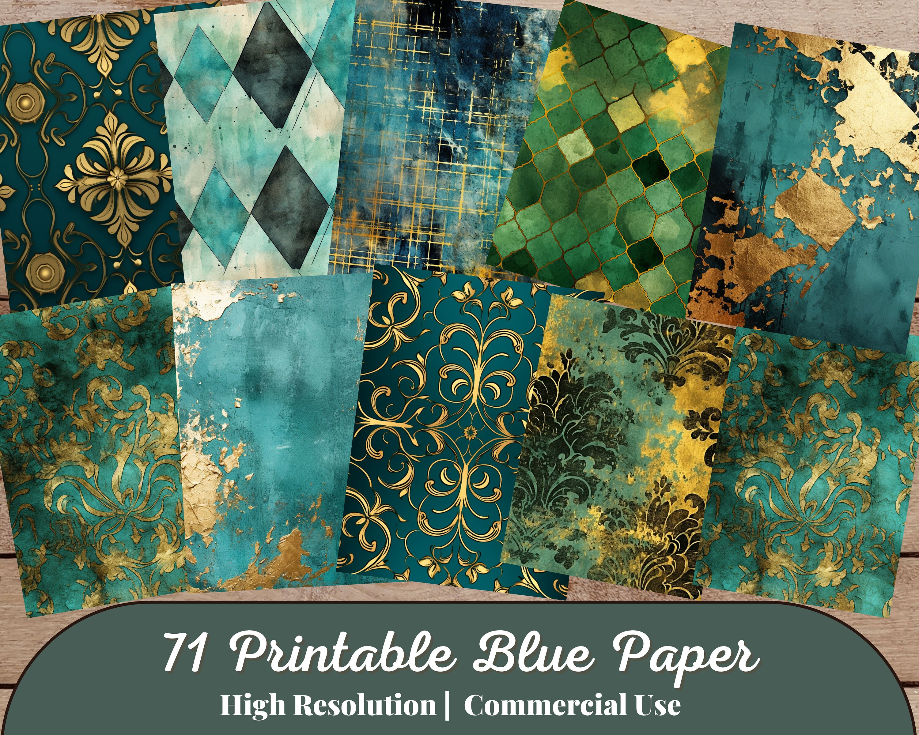 71 Printable Blue Paper, Big Bundle Damask Pattern, Stripes, Dots, Distressed Texture, Checkered ...