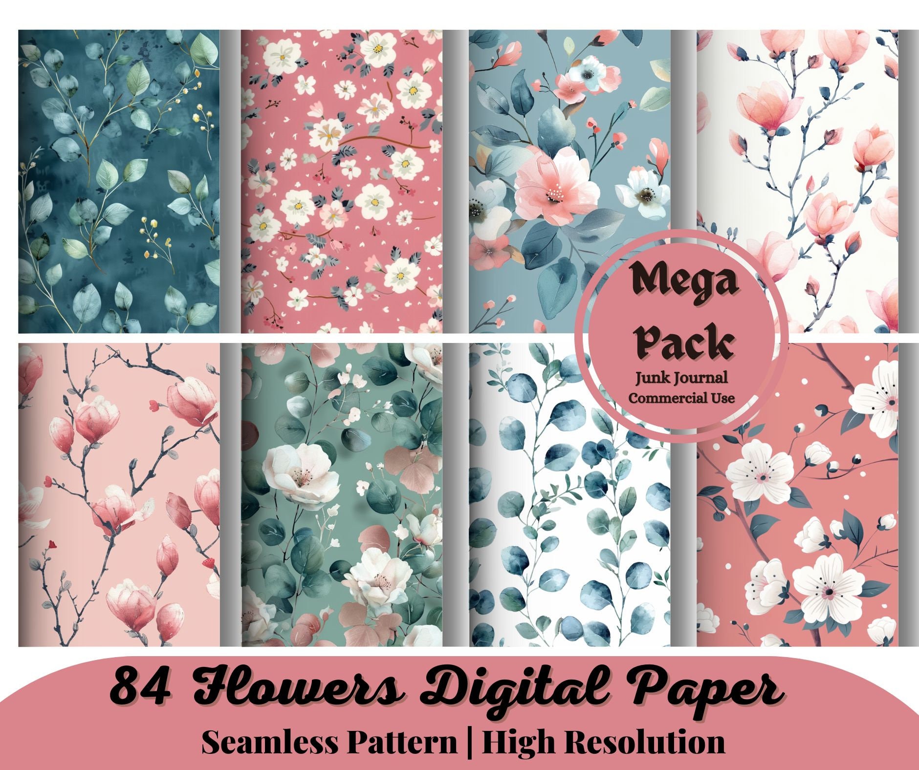 84 Flowers Digital Paper, Watercolor Flower Background, Floral ...