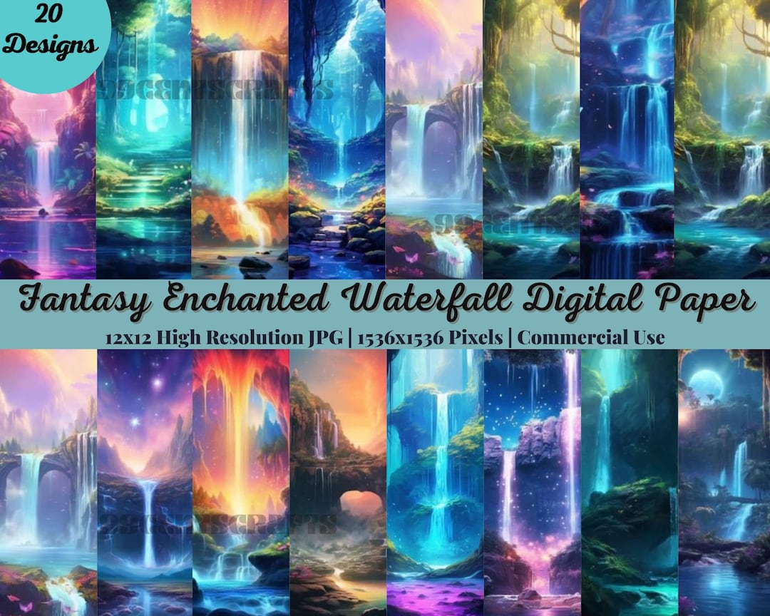20 Printable Fantasy Waterfall Digital Paper,mountain River Background ...