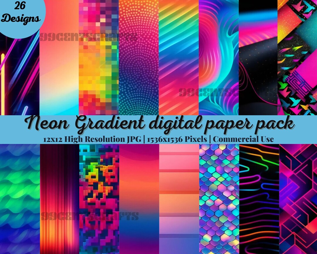 26 Neon Gradient Digital Paper Pack, Digital Background, Scrapbook ...