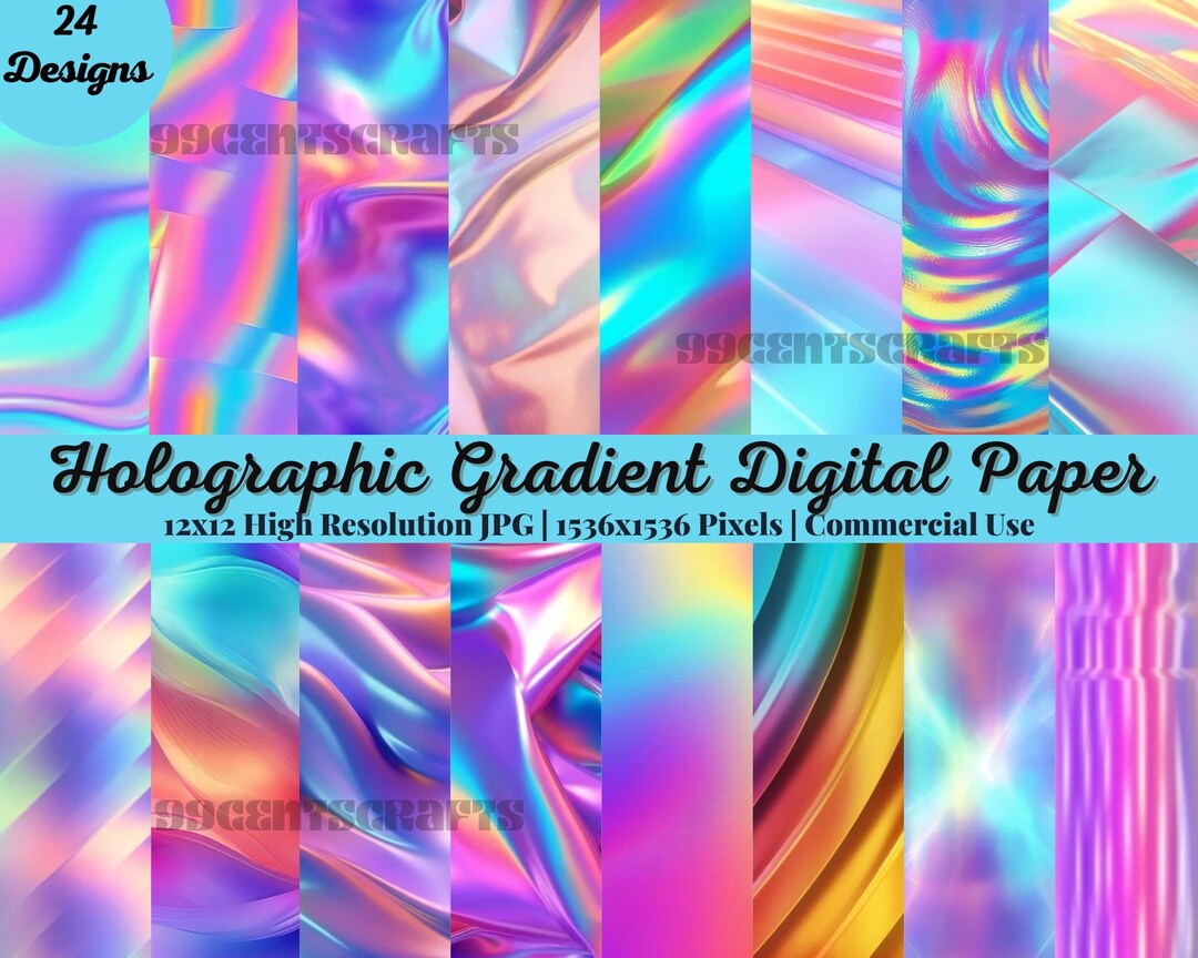 24 Holographic Gradient Digital Paper Pack,digital Background, Neon ...