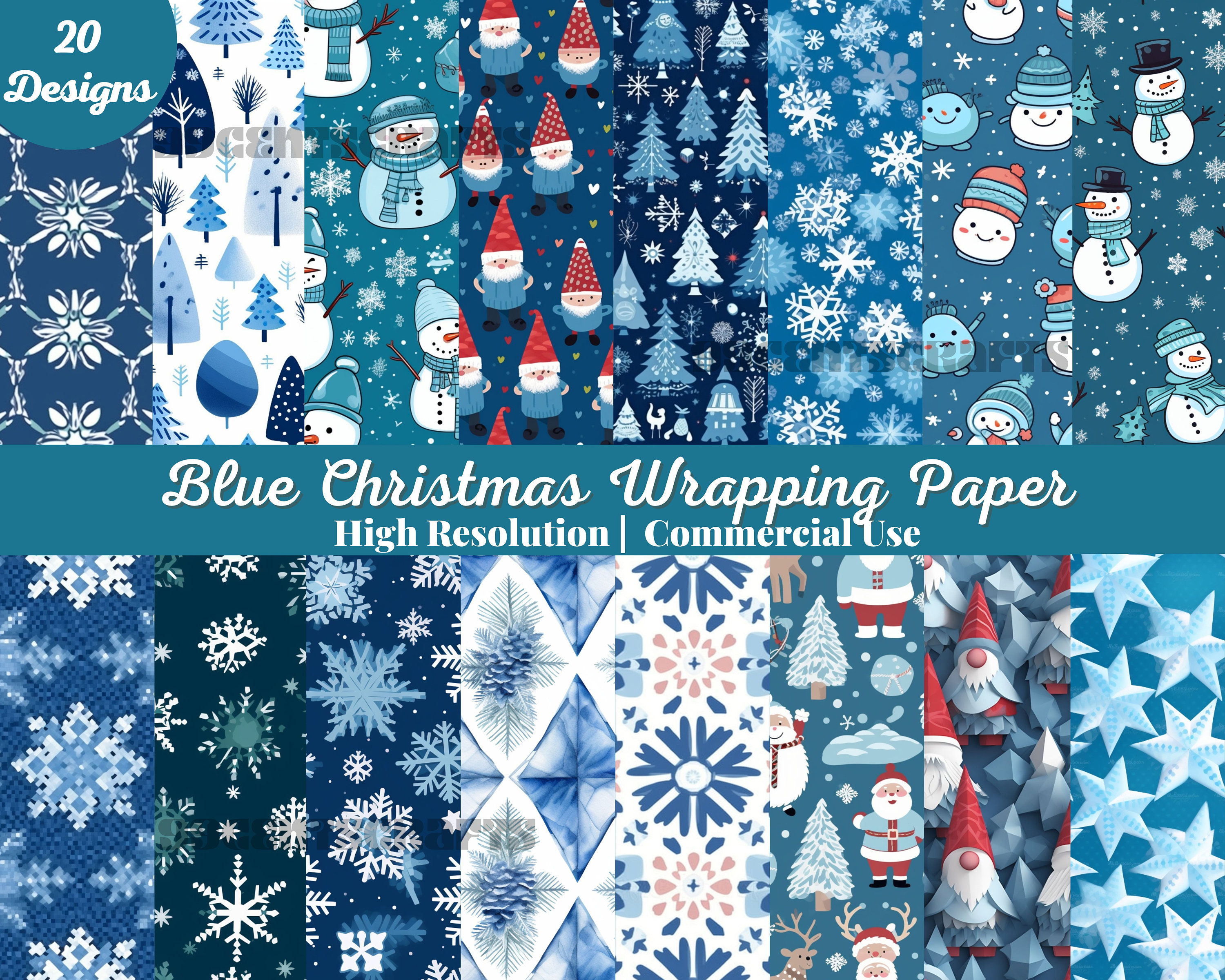 20 Printable Blue Christmas Digital Paper, Pastel Christmas Ephemera ...