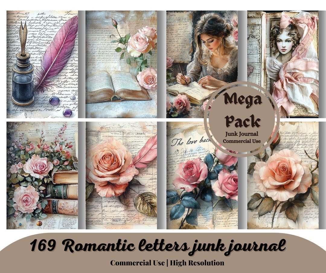 Romantic Letters Junk Journal, Handwritten Letters, Pink Roses Digital ...