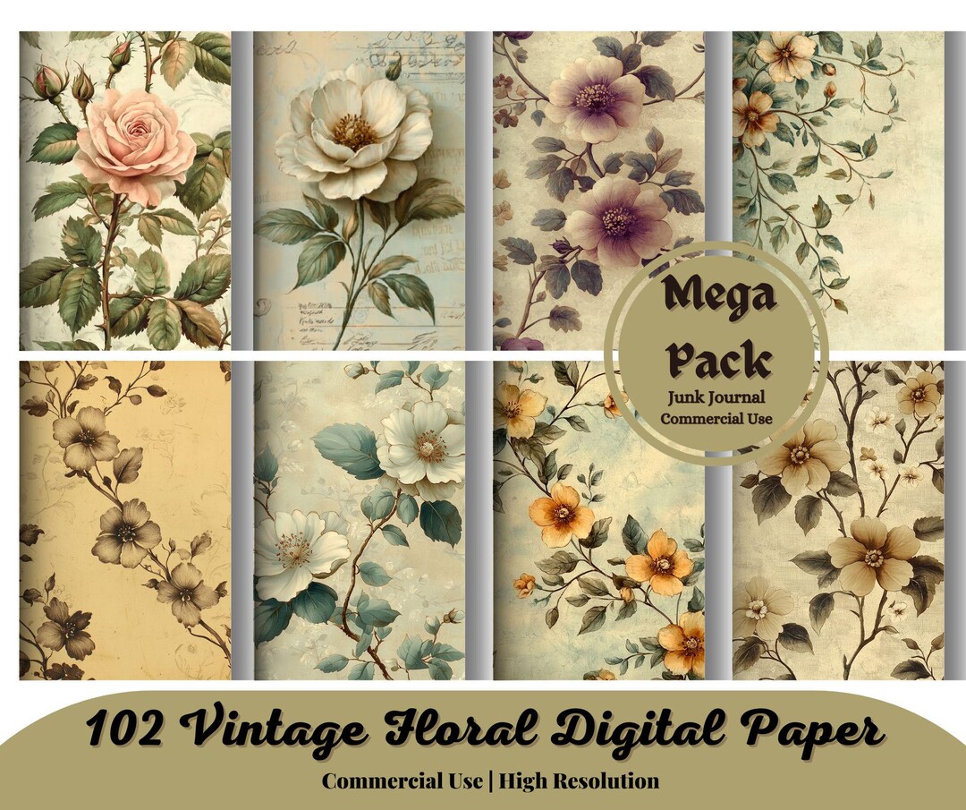 Vintage Floral Digital Paper, Vintage Old Spring Floral Paper, Flowers ...