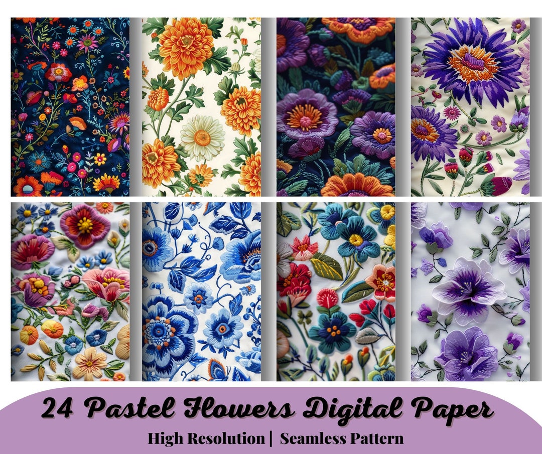 24 Digital Watercolor Floral Paper, Pastel Flowers Digital Paper ...