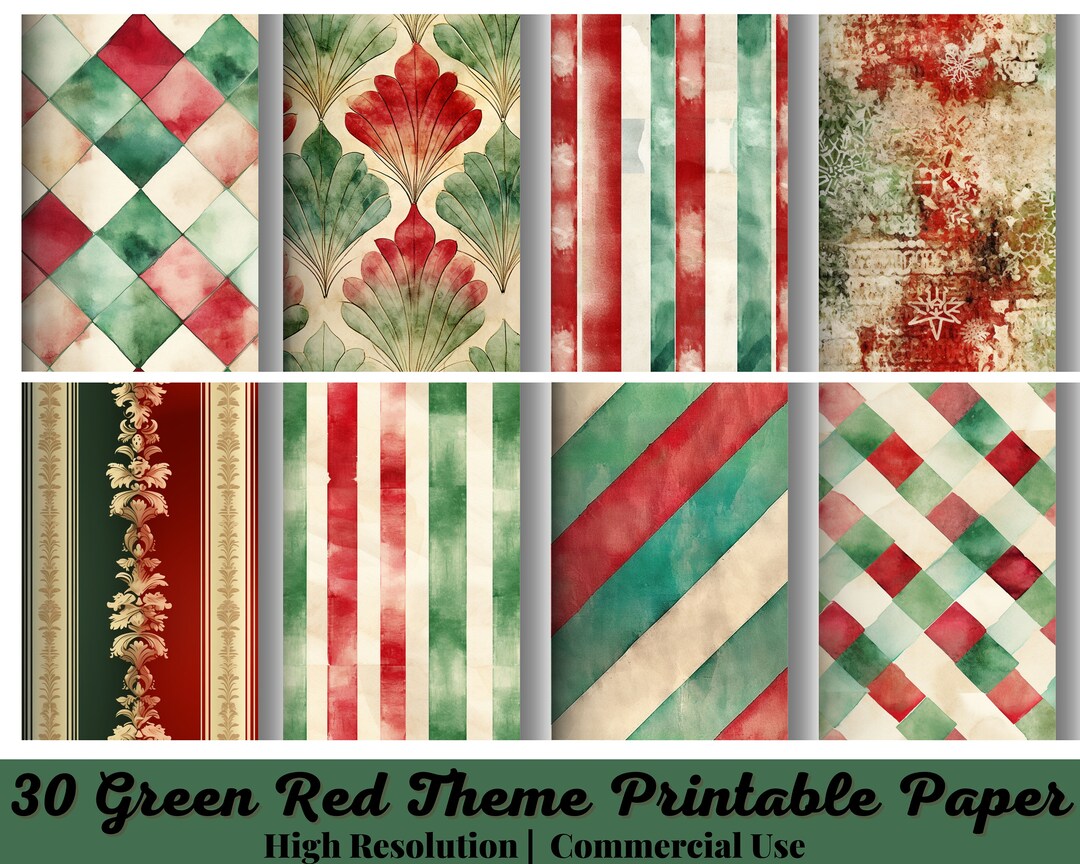 30 Printable Paper Green Red Theme, Double Sheets, Big Bundle ...