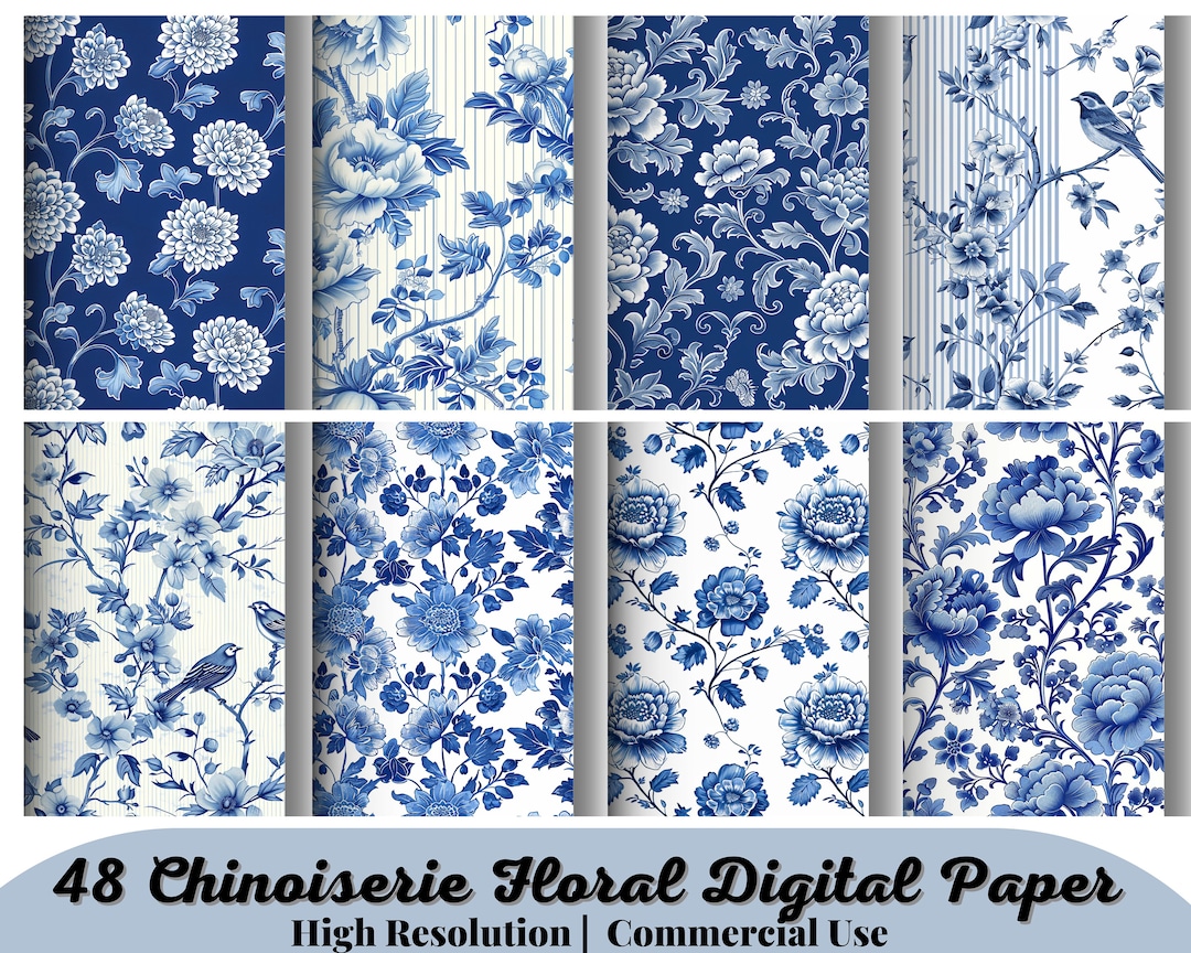 48 Chinoiserie Floral Digital Paper, Seamless French Flower Patterns ...