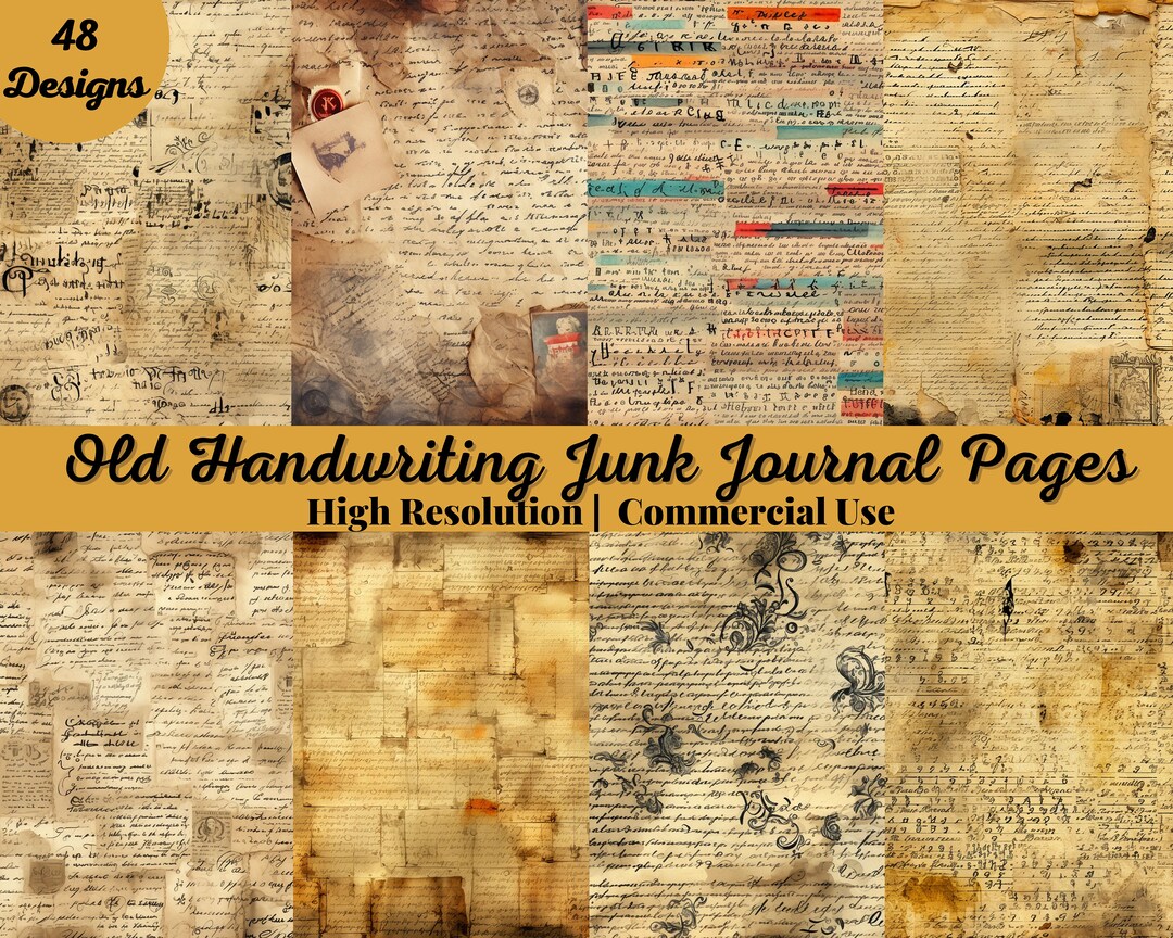48 Old Handwriting Junk Journal Pages, Digital Scrapbook Paper Kit ...