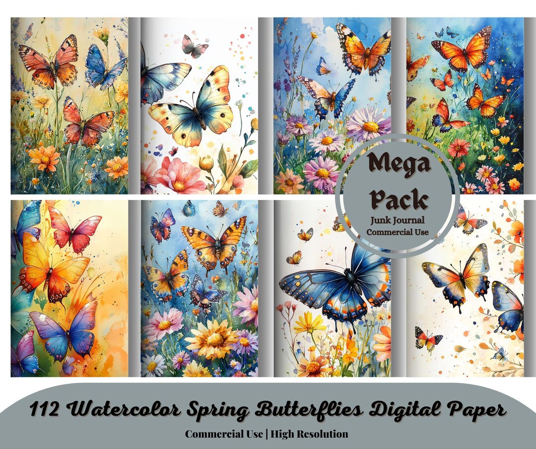 Watercolor Spring Butterflies Digital Paper, Floral Butterfly Junk ...