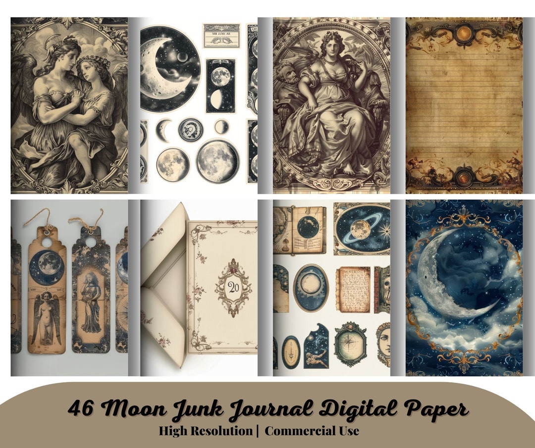 46 Moon Junk Journal Kit Printable JPG Pages With Ephemera, Cover, Tags ...