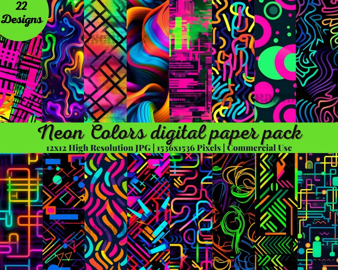 22 Neon Colors Digital Paper Pack, Bright Colors Scrapbook Paper ...