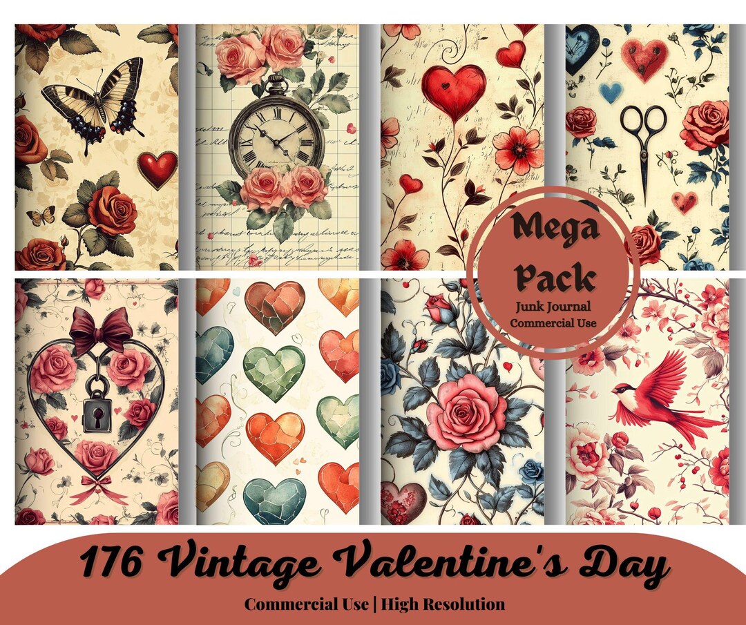 Vintage Valentine's Day Digital Paper, Romantic Valentine Love Pattern ...