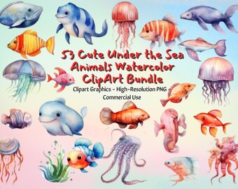 Cute Under the Sea Animals Watercolor Clip Art Bundle Sea Animals ...