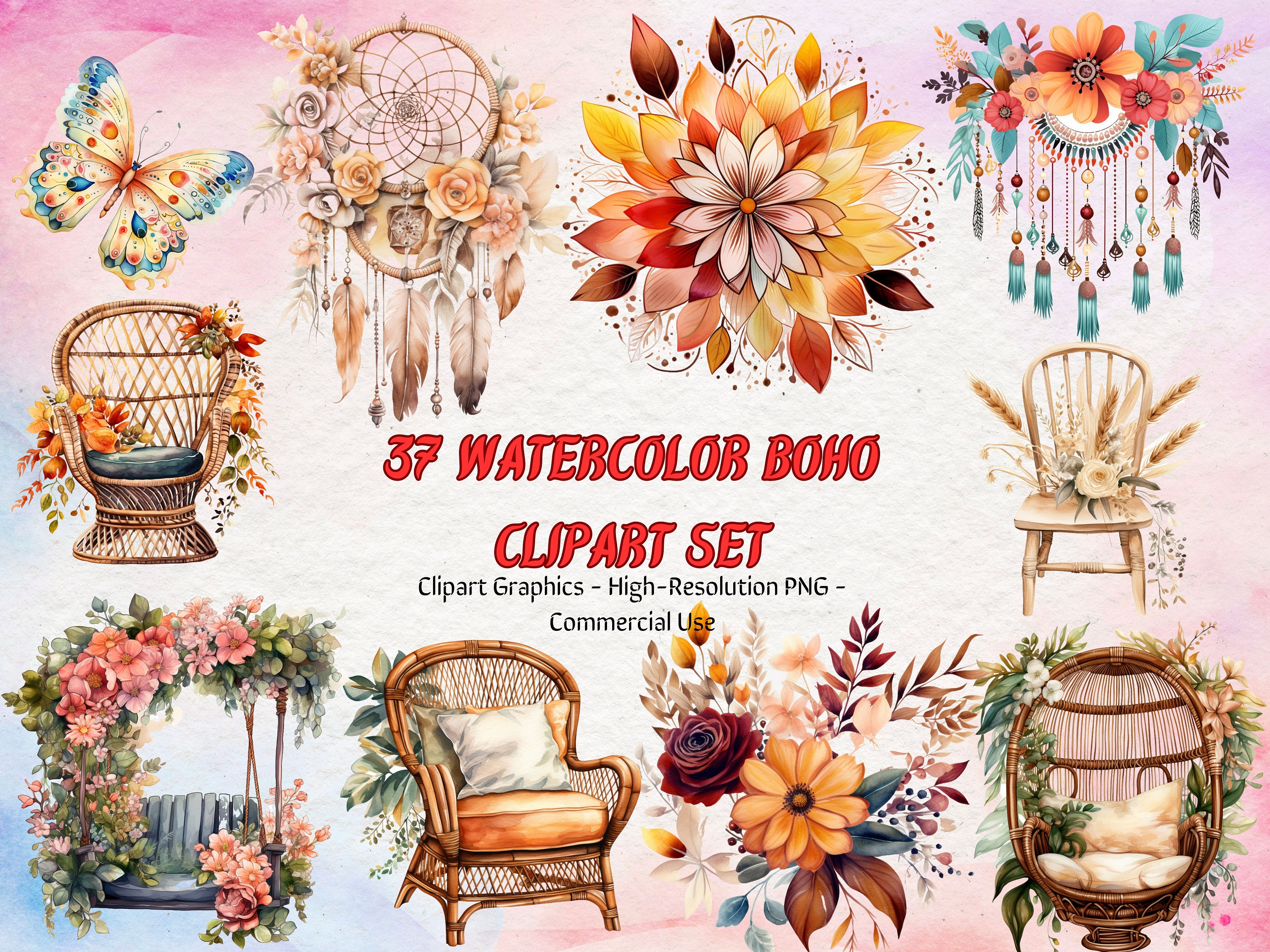 37 Watercolor Boho Clipart Set Shabby Floral Wedding PNG Format Instant ...