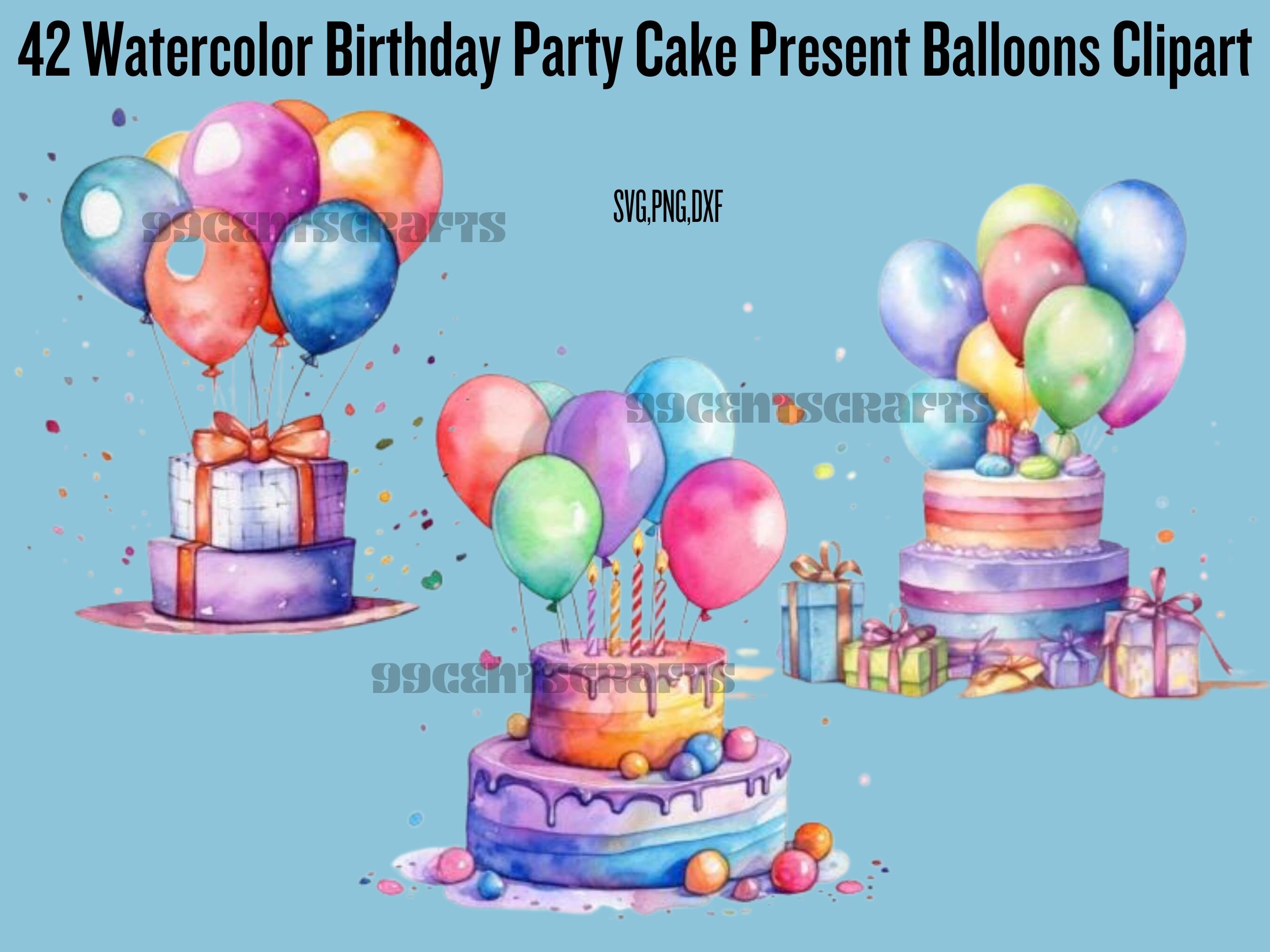42 Watercolor Birthday Party Cake Present Balloons Clipart - Etsy