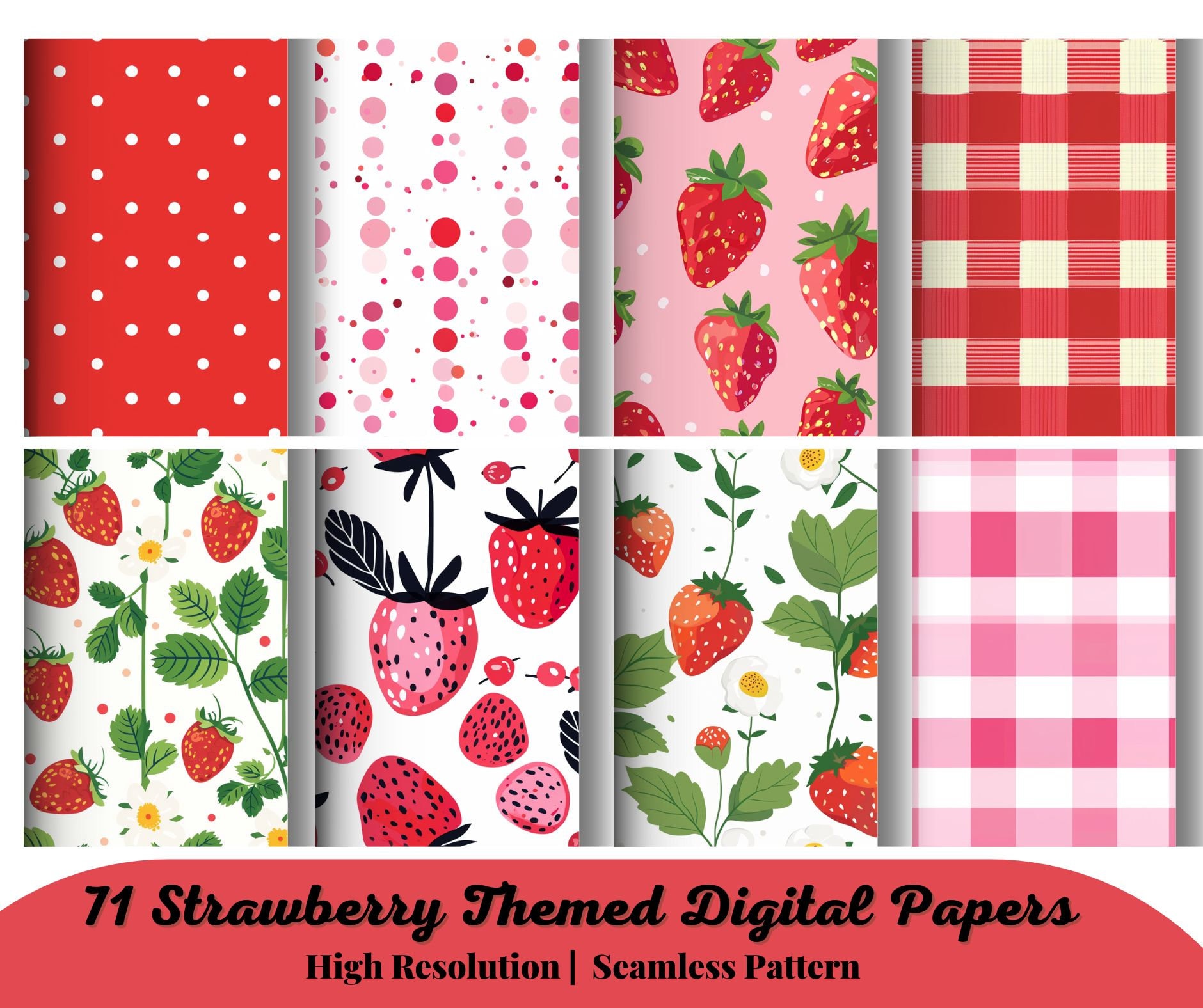 71 Strawberry Themed Digital Papers, Seamless Commercial Use Instant ...