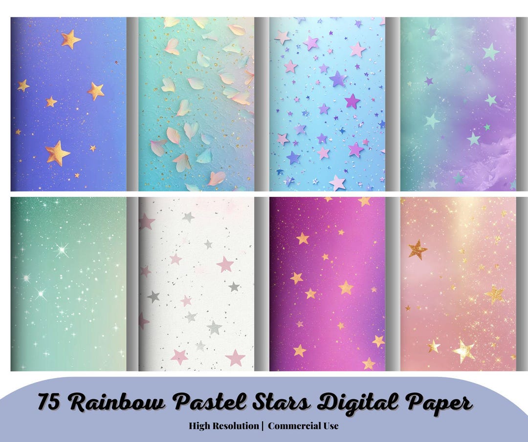 Rainbow Pastel Stars Digital Paper, Backgrounds in Soft Ombre Gradients ...