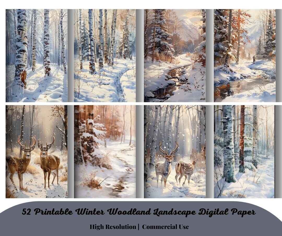 52 Printable Winter Woodland Landscape Digital Paper, Winter Wonderland ...