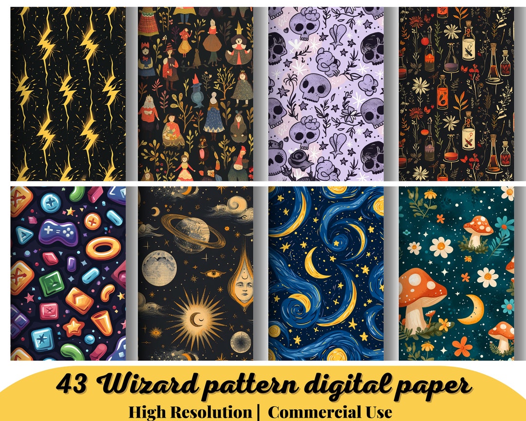 43 Wizard Pattern Digital Paper, Seamless Pattern Wizard Junk Journal ...