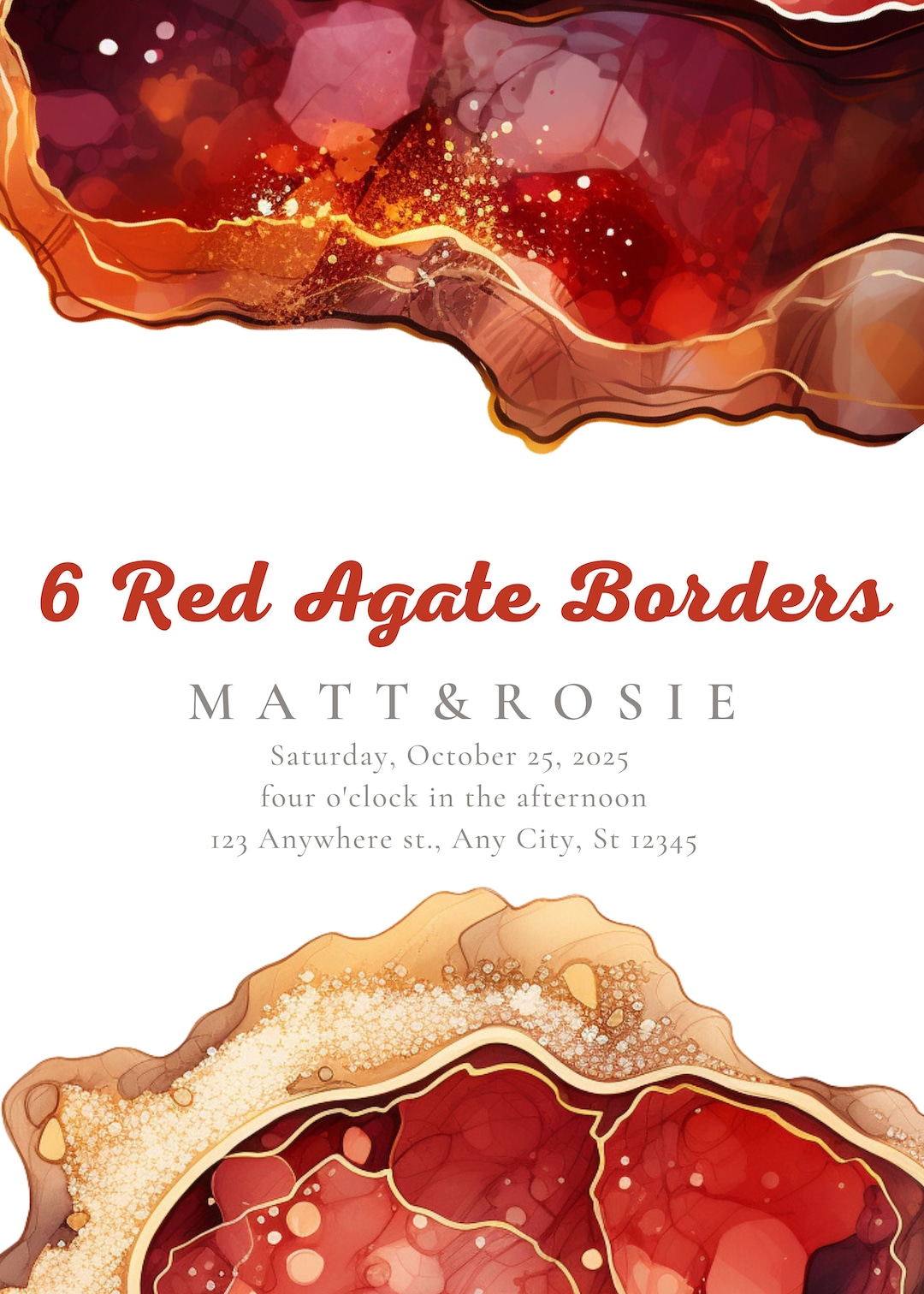 6 Red Agate Borders Clipart, Red Watercolor Geode Clipart Gold Glitter ...