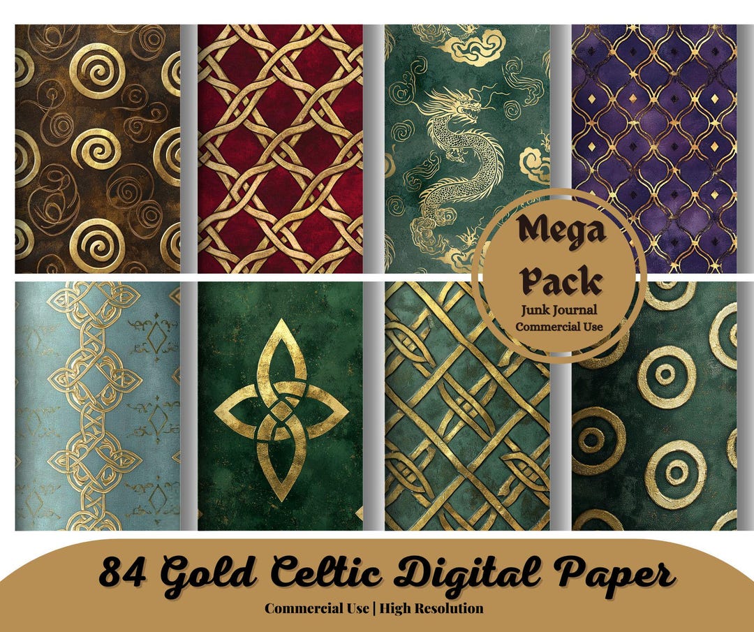 Gold Celtic Digital Paper, Gold Celtic Knot Patterns and Printable ...