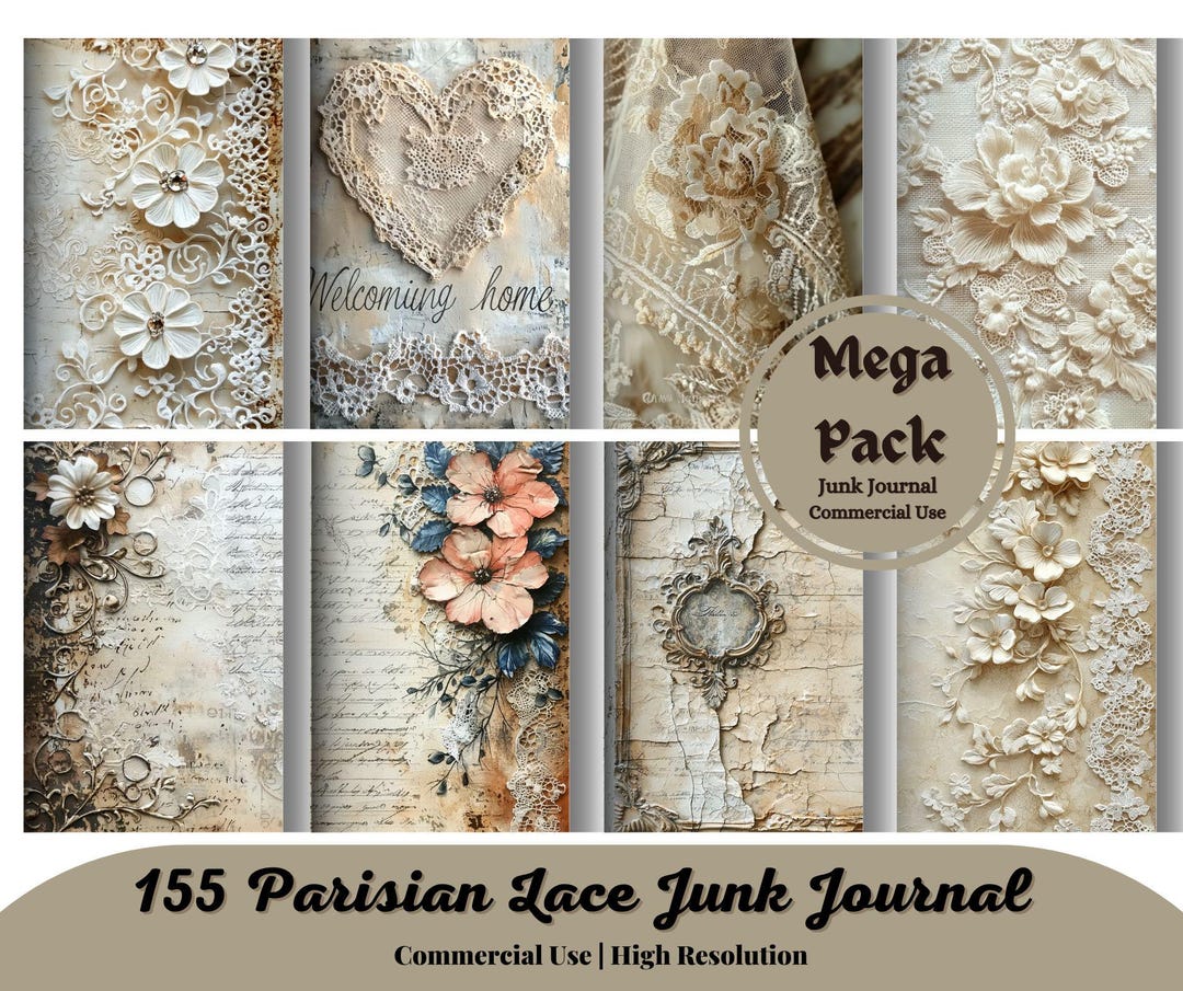 Parisian Lace Junk Journal, Printable Vintage Lace, Shabby Chic Digital ...