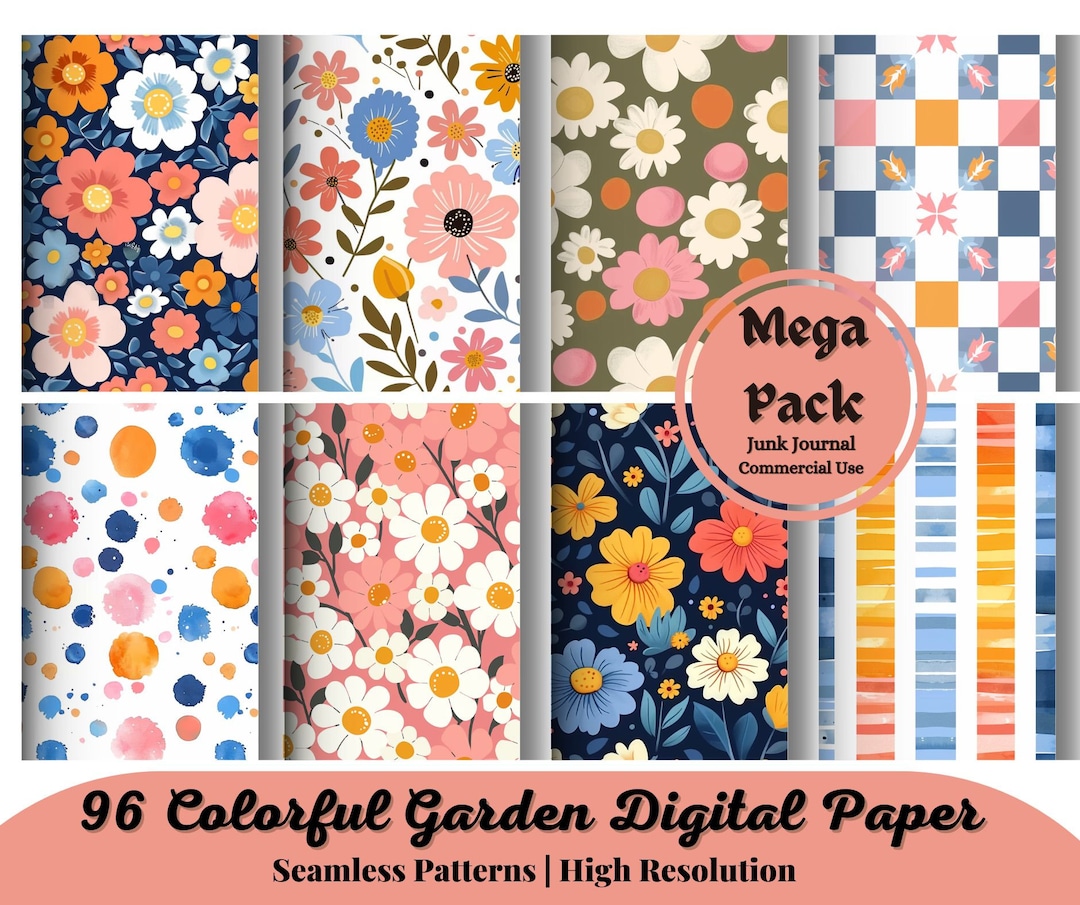 96 Colorful Garden, Floral Seamless Repeat Pattern, Backgrounds Digital ...