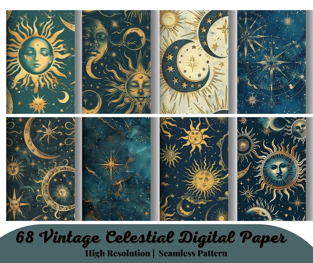 68 Vintage Celestial Digital Paper, Watercolor Textures Printable ...