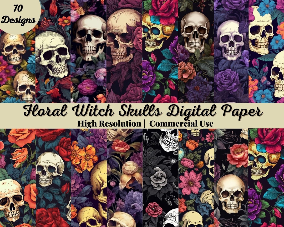 70 Floral Witch Skulls Digital Paper, Seamless Gothic Skull Patterns ...