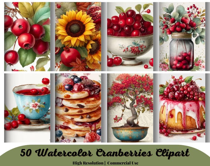 14 Cranberry Clipart Bundle, Cranberry Branch Illustrations, Printable ...