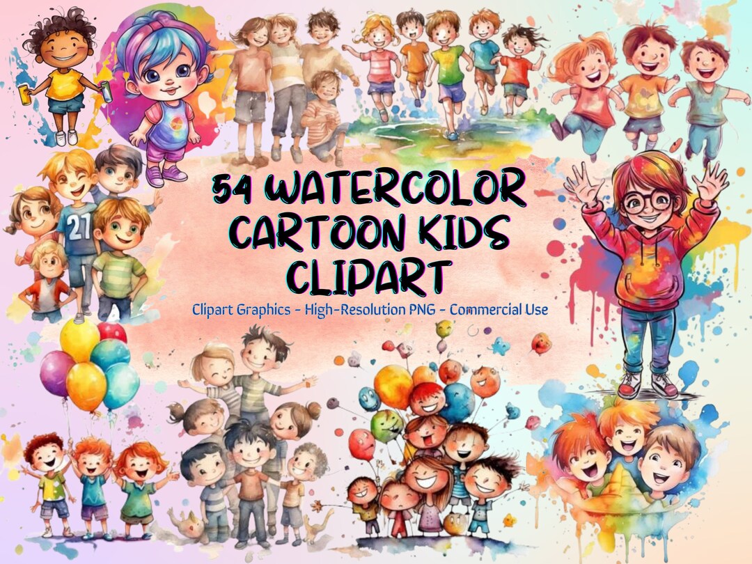 54 Watercolor Cartoon Kids Clipart, Cute Children Jumping With Joy ...