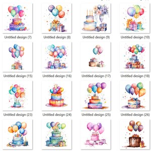 40 Watercolor Birthday Party Cake Present Balloons Clipart Bundle ...
