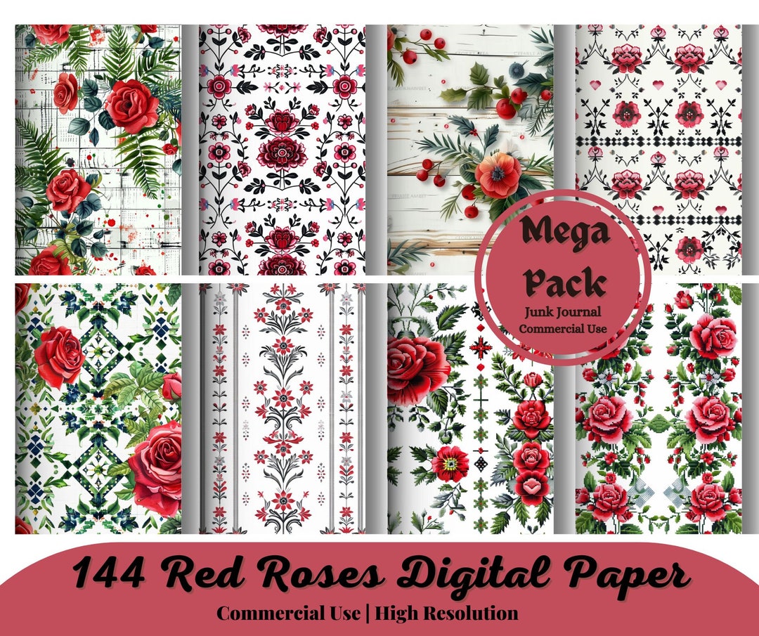 144 Red Roses Paper Pack, Ethno Digital Paper Pad, Floral Fabric ...
