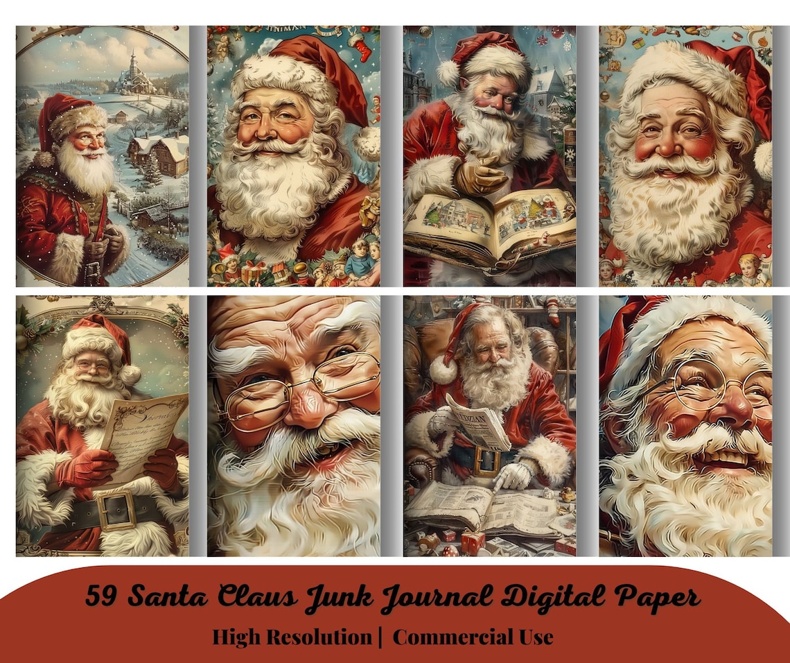 59 Santa Claus Junk Journal Pages, Digital Scrapbook Paper Kit, Father ...