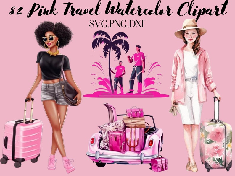 82 Travel Watercolor Clipart Pink Girly Travel Png Suitcase - Etsy