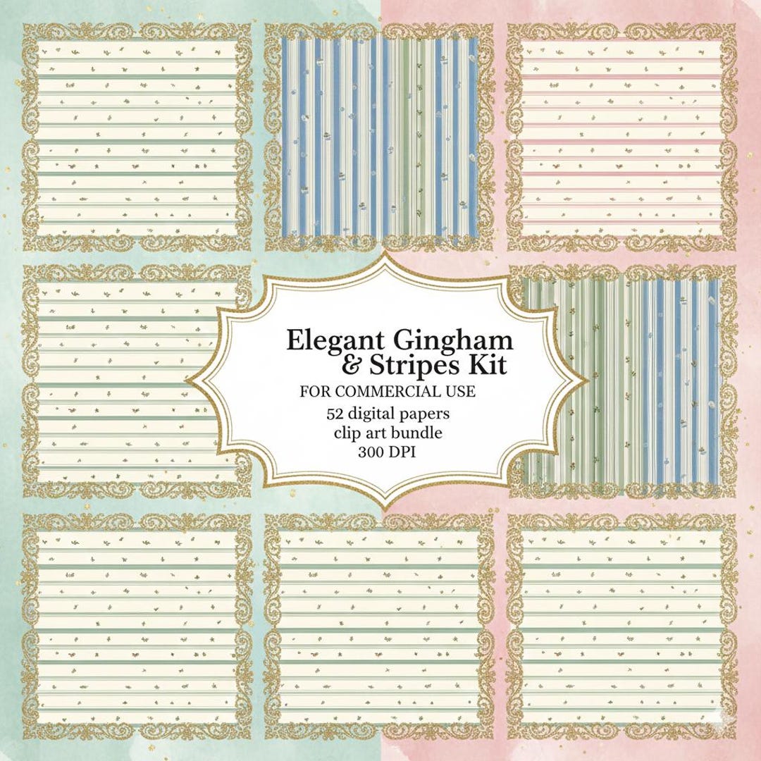 Vintage Gingham & Stripes Pattern Digital Paper | Retro Kitchen ...