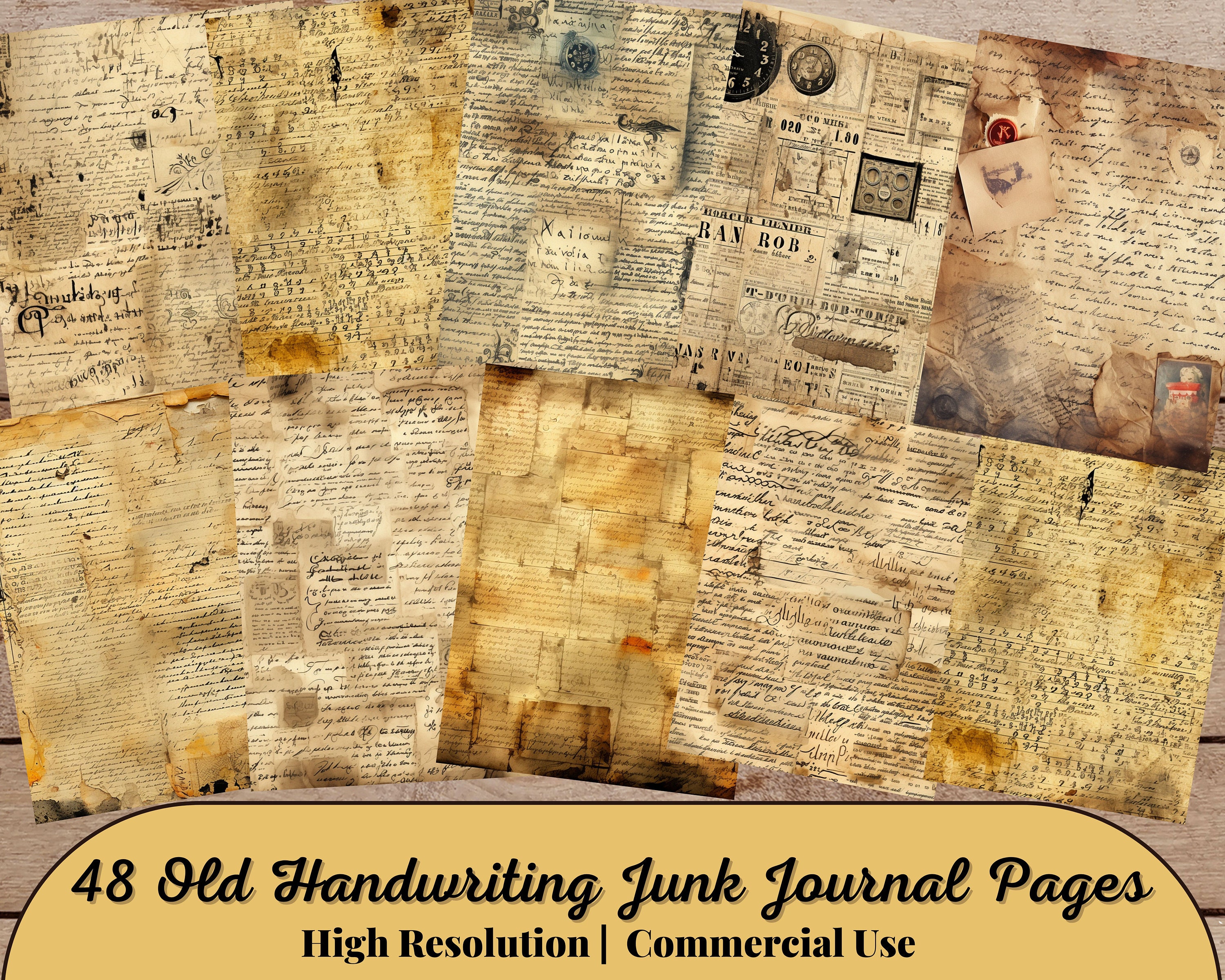 48 Old Handwriting Junk Journal Pages, Digital Scrapbook Paper Kit ...