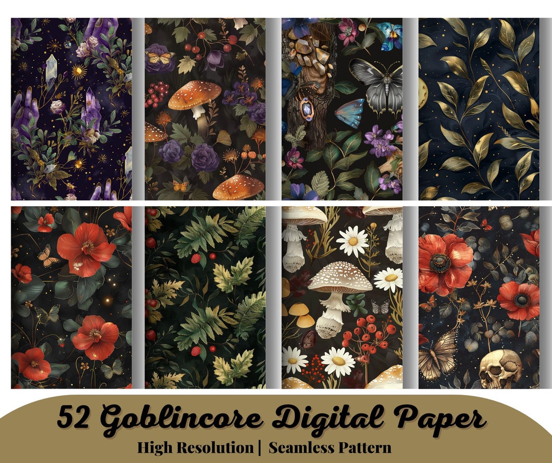52 Goblincore Digital Paper, Seamless Forest Witch Patterns With Leaves ...
