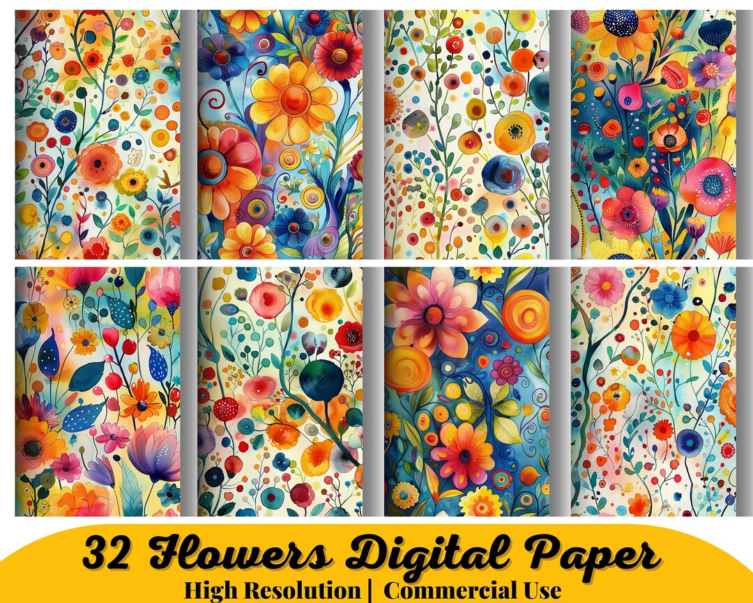 32 Flowers Digital Paper, Commercial Use, Watercolor Flower Backgrounds ...