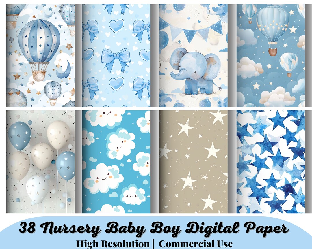 38 Nursery Baby Boy Digital Paper Pack, Baby Boy Nursery, Rainbow, Baby ...